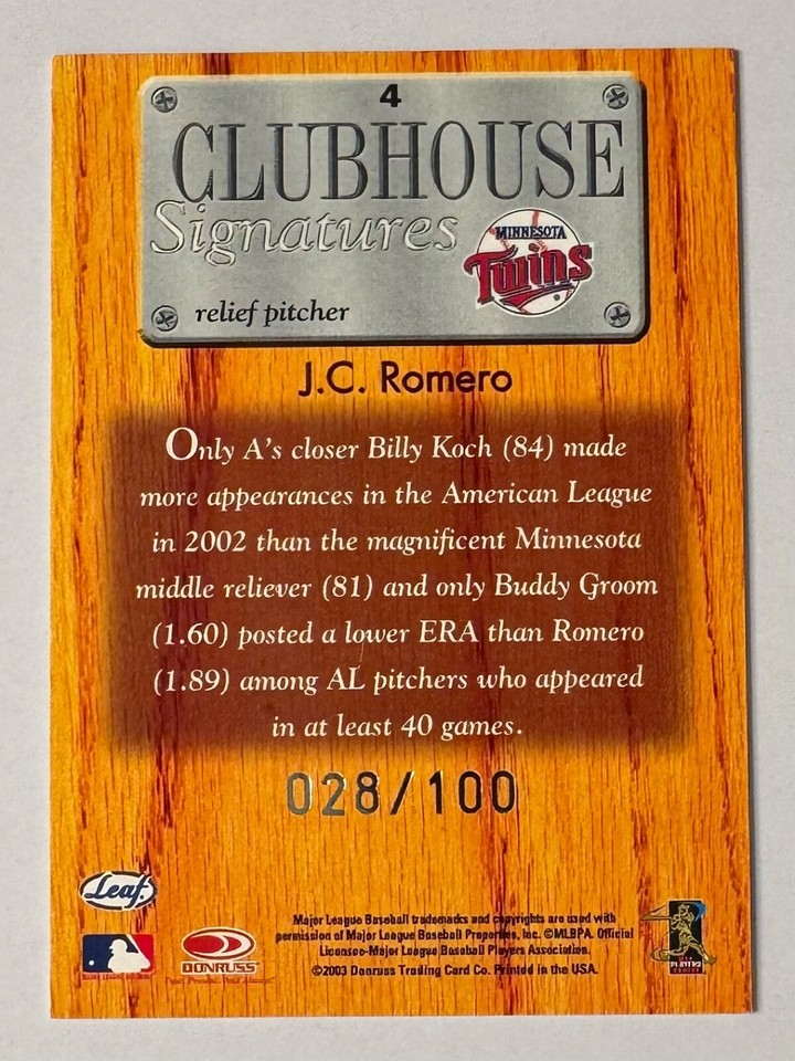 JC Romero 2003 Leaf Clubhouse Signatures SILVER AUTO AUTOGRAPH #4 Twins #'d /100 | eBay