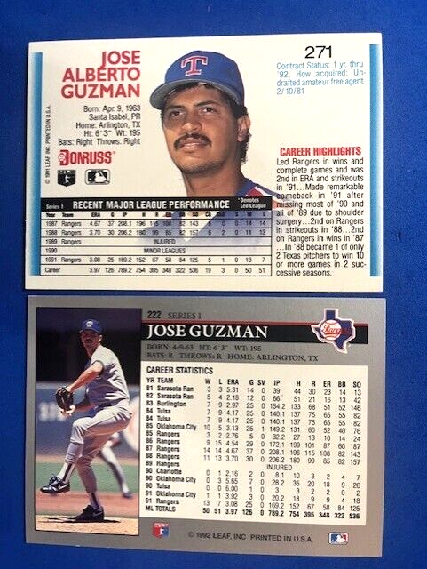 MLB - Jose Guzman 1992 Donruss & 1992 Leaf Baseball - Rangers | eBay