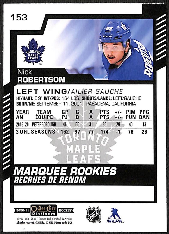 2020 O-Pee-Chee Platinum Nick Robertson #153 Marquee Rookies Toronto ...