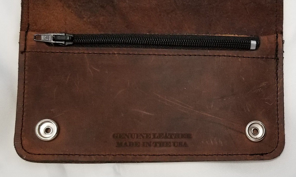 Brown Leather Trucker Wallet 6.5" x 3.75" Hidden Snaps 12" Chain MADE ...