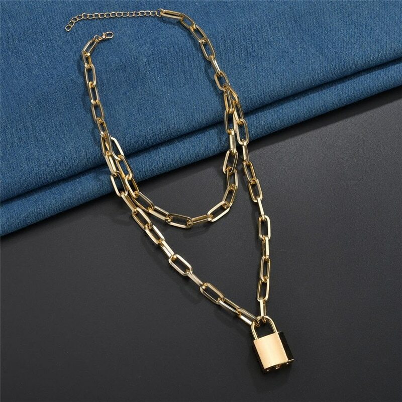 Trendy Women Men Double Layer Padlock Pendant Chain Necklace Party Hip ...
