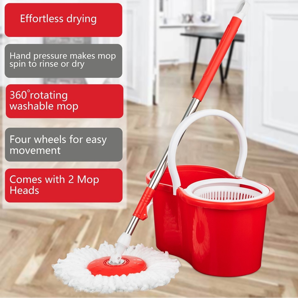 360° FLOOR MAGIC SPIN MOP BUCKET SET MICROFIBER ROTATING DRY HEADS WITH ...