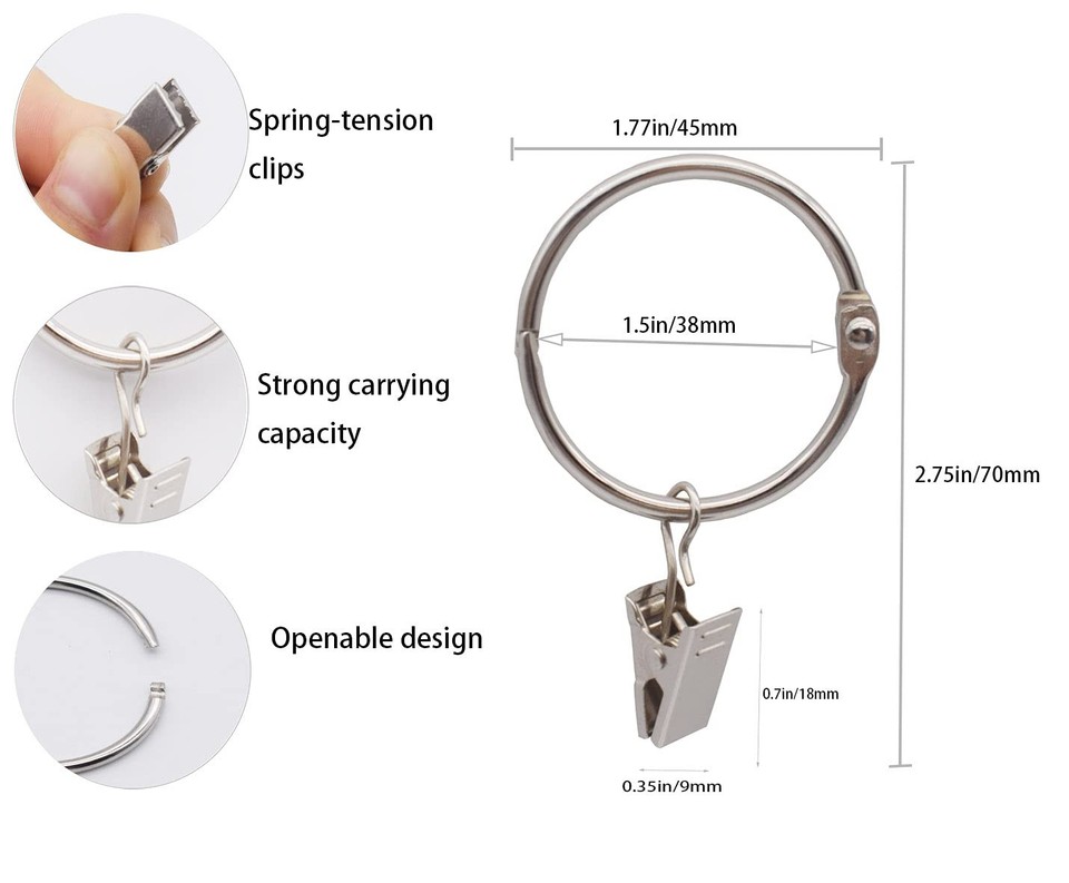 40 Pack Openable Curtain Rings with Clips Metal Hangers Ring, Drapery ...