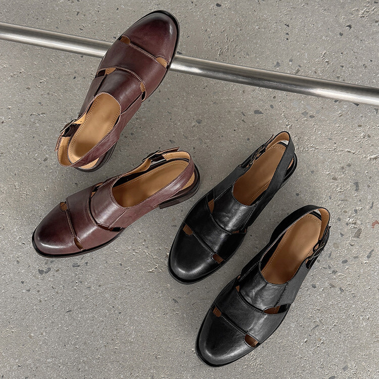 Womens Real Leather Slingback Low Block Heel Sandal Closed Toe Retro ...