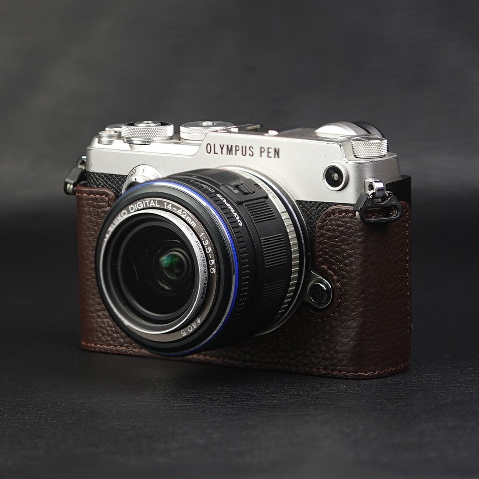 Genuine Real Leather Half Camera Case Bag Cover For Olympus PEN-F M43 ...