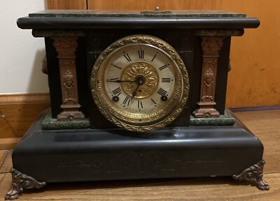 Victorian Antique Mantel Clock, Marble Grain Paint & Lions, Seth Thomas ...