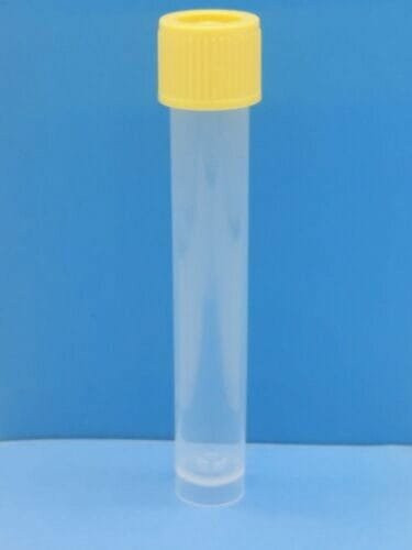 25 Clear Plastic Test Tube Vials Yellow Screw on Top 13ml 121°C To -196 ...