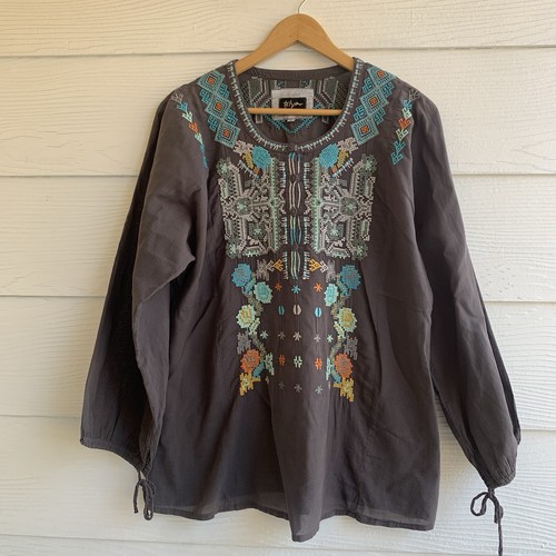 Biya by Johnny Was Gray Tunic Large Aztec Floral Embroidered Artsy ...