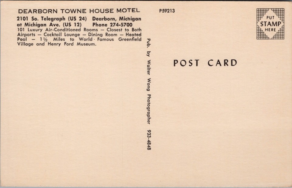 1960s Dearborn Towne House Motel Michigan Vintage Postcard, Photo #2912 ...