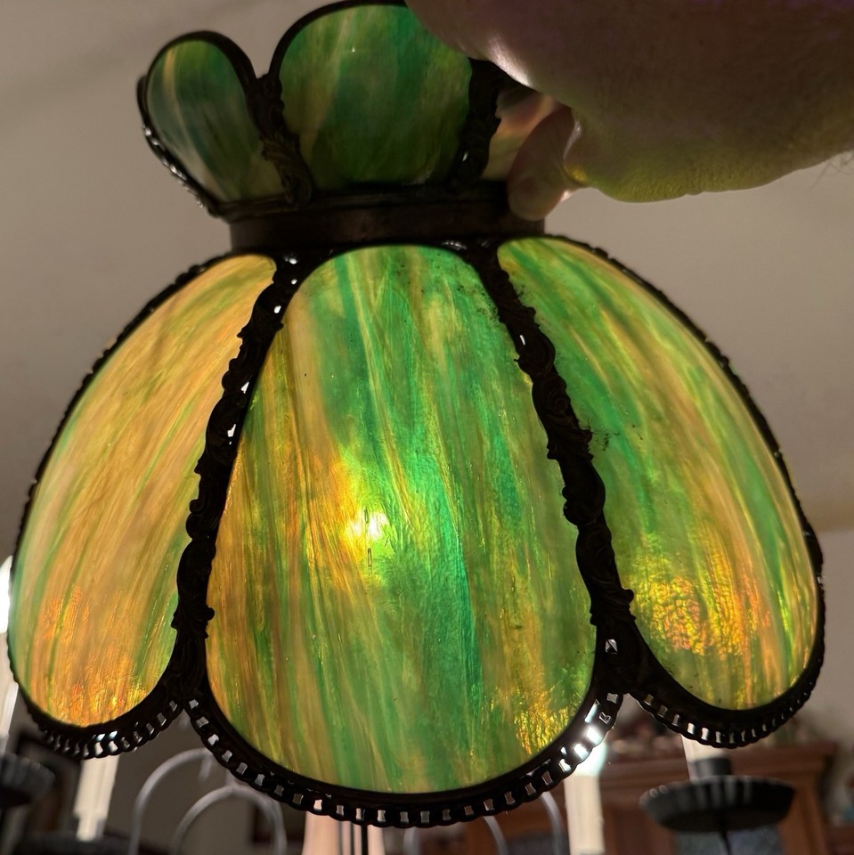 Antique Vintage Green Slag Glass Leaded Lamp Shade Tiffany Style ...