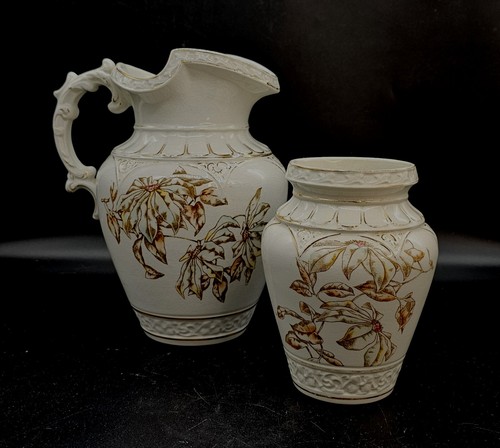 2 pc Antique Hand Tinted Brown Transfer Floral Porcelain Pitcher Vase ...