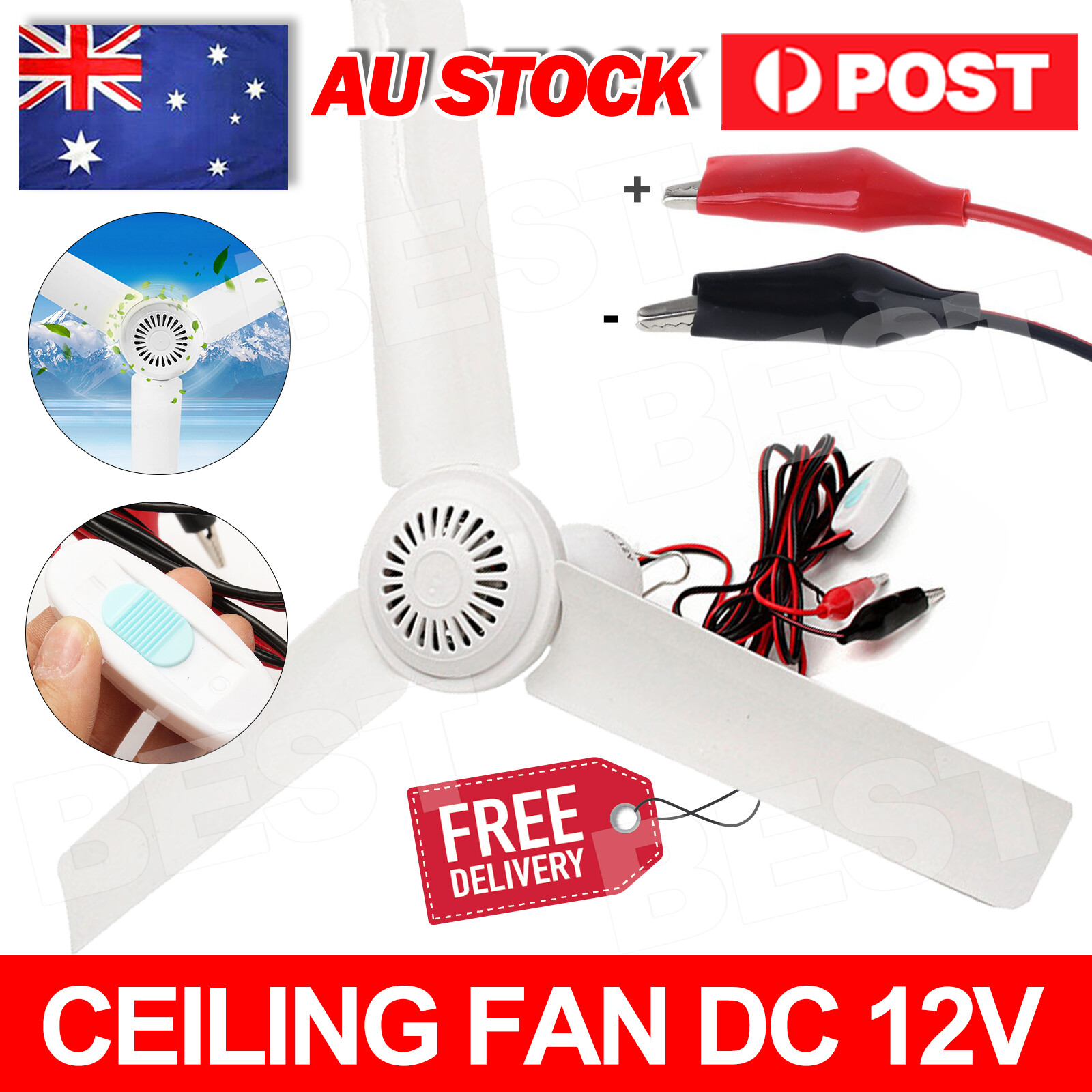 Portable 12V Ceiling Fan 3 Blade 0.7AMP HQ Caravan Camping For Solar ...