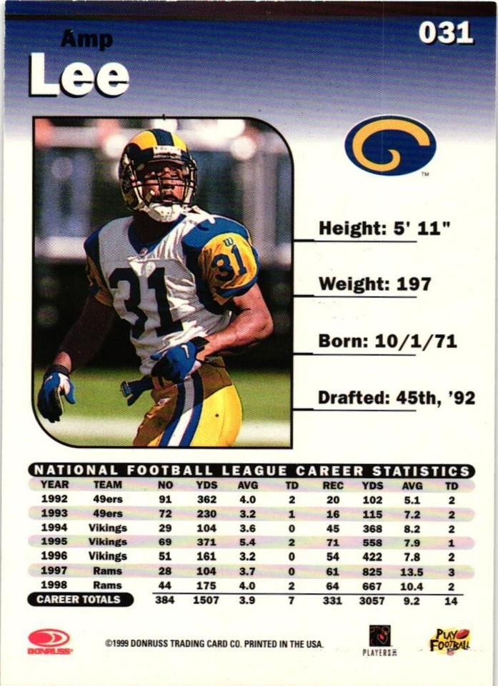 1999 Donruss Elite #31 Amp Lee St. Louis Rams Football Card | eBay