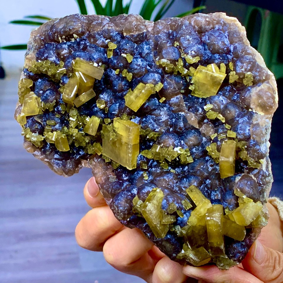 2.11LB Shiny Golden Cuboid Barite Crystal Based on the Purple Spherical ...