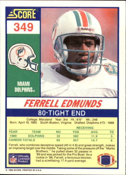 1990 Score Football Card #349 Ferrell Edmunds | eBay