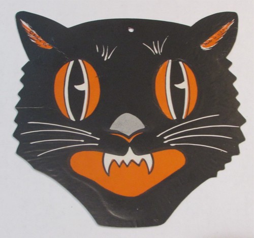 Vintage Early Halloween Beistle Diecut Black Cat Head Orange Eyes Grey ...