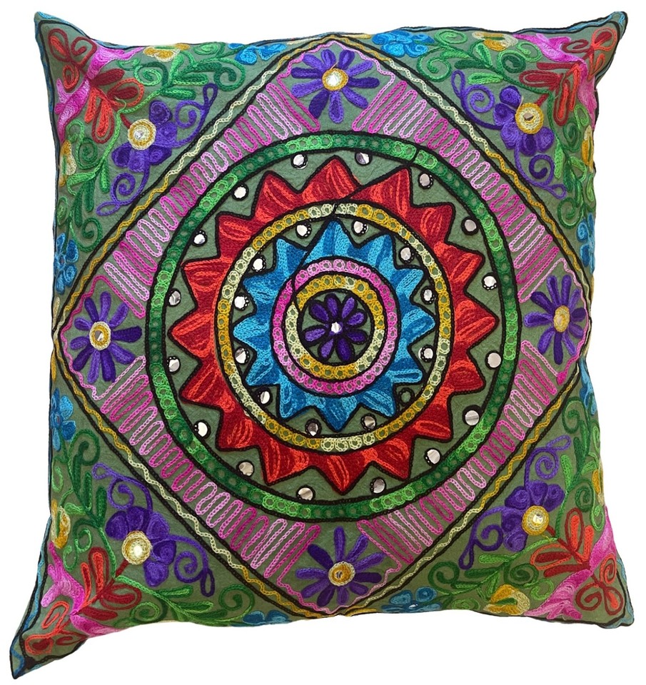 Indian Suzani Mandala Cushion Covers Cotton Sequin Embroidery Boho 24 x ...