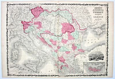 "AUSTRIA, TURKEY IN EUROPE, & GREECE" Antique original hand colored map ...
