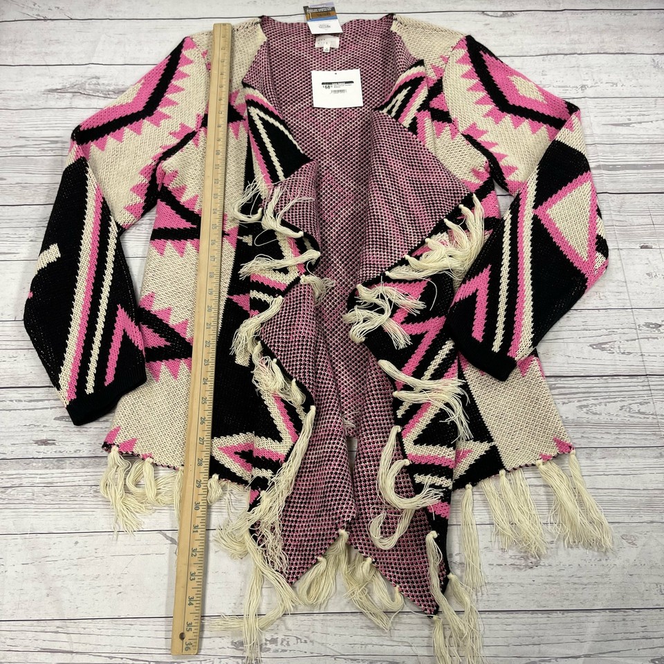 Dee Elly Pink Tribal Aztec Fringe Drape Cardigan Women’s Size Medium ...