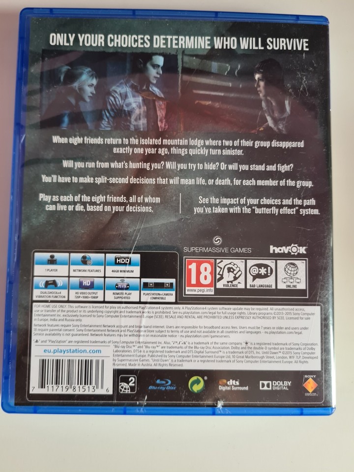 Until Dawn Sony PlayStation 4 Horror Game Exc. PS4 Game 711719815136 | eBay