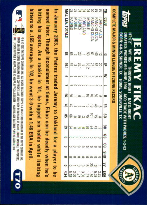 2003 Topps Chrome Traded #T70 Jeremy Fikac - NM-MT | eBay