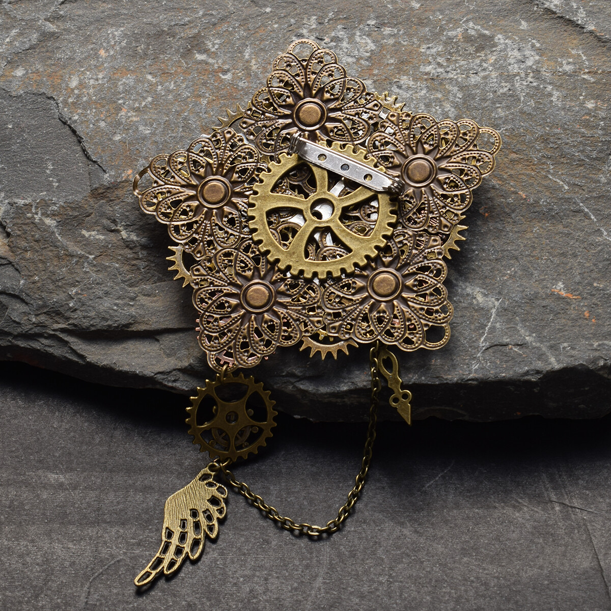 Vintage Steampunk Gears Pentacle Brooch Alloy Gothic … - Gem