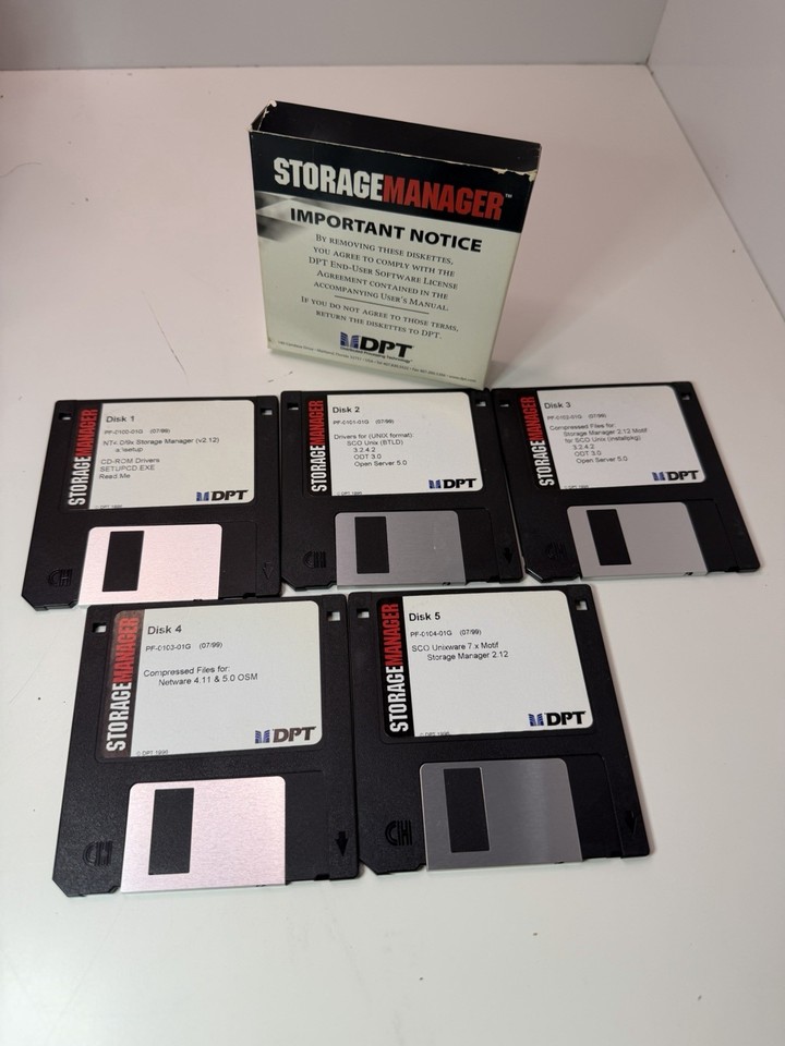 DPT StorageManager v2.12 – 5-Disk Floppy Set + Original Box (1999 ...