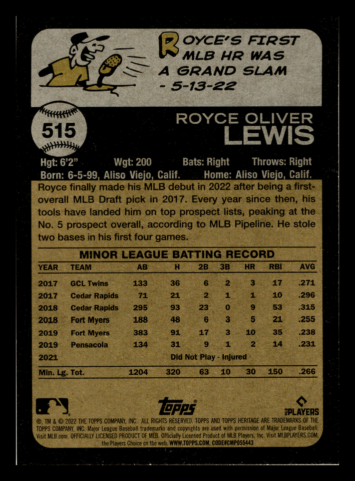 2022 Topps Heritage Royce Lewis RC Rookie #515 Minnesota Twins Centered ...