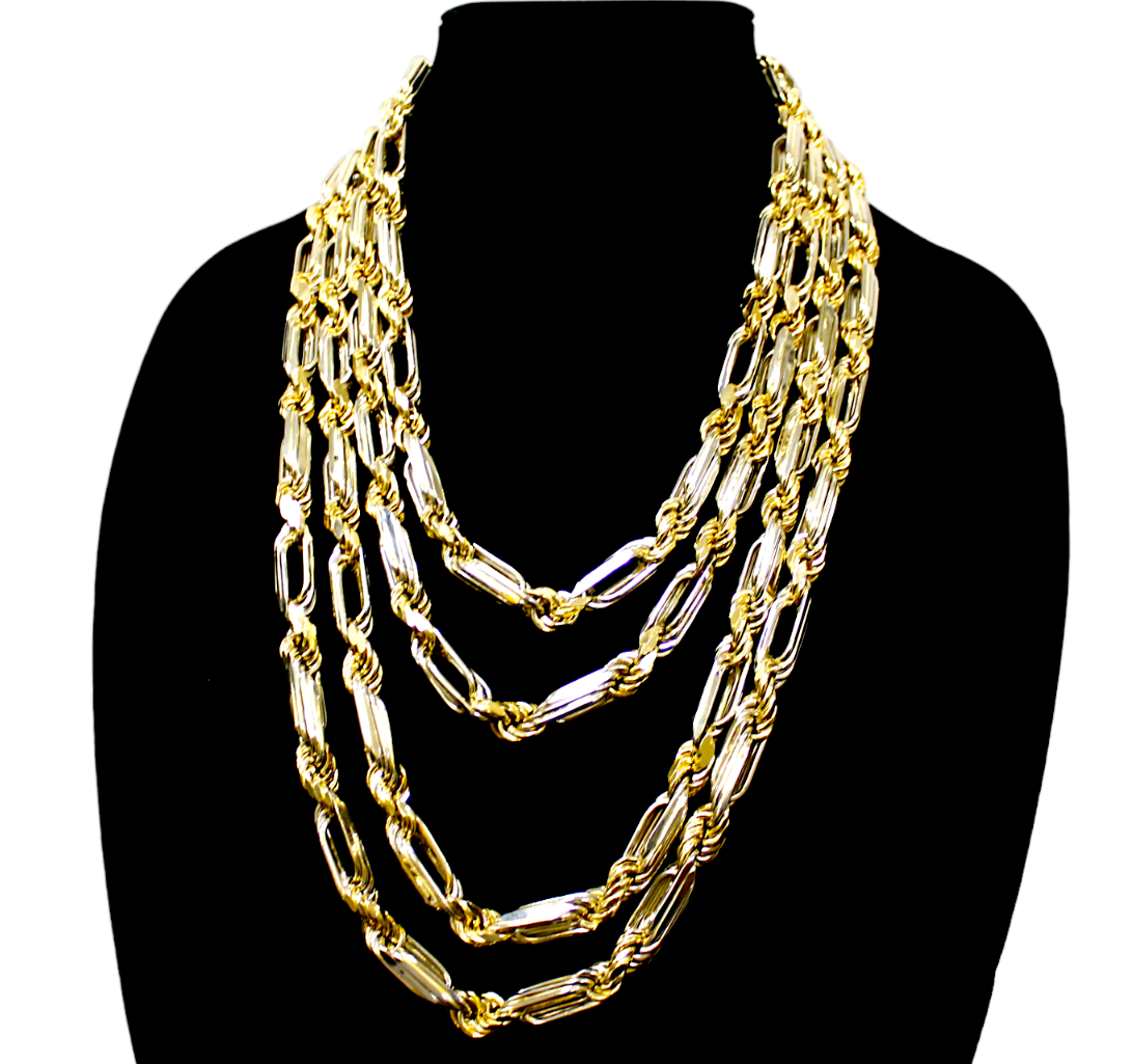 14K Two Tone Gold 10mm-12mm Milano Figaro Rope Chain Necklace Diamond ...