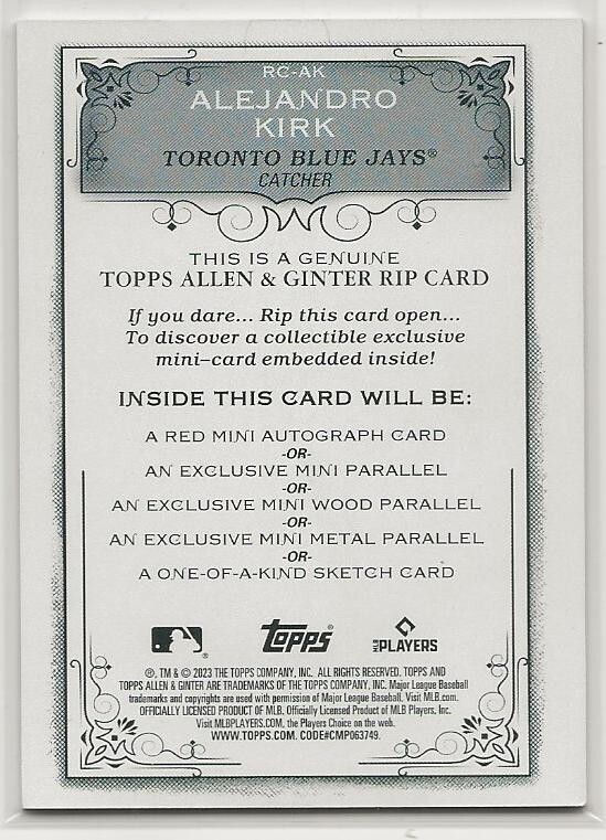 2023 Topps Allen & Ginter Rip Card Alejandro Kirk 012/199 Toronto Blue ...