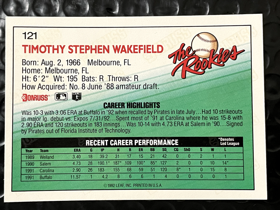 ⚾️1992 TIM WAKEFIELD DONRUSS THE ROOKIES⚾️ #121 ROOKIE PITTSBURGH ...