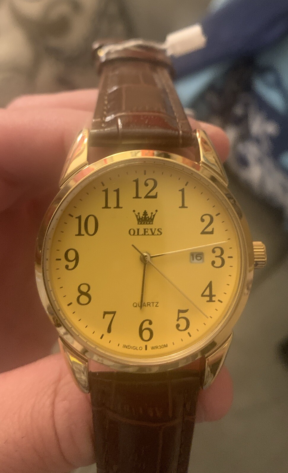 Olevs Classic Quartz Men’s Watch Gold Dial Gold Case Brown Leather ...