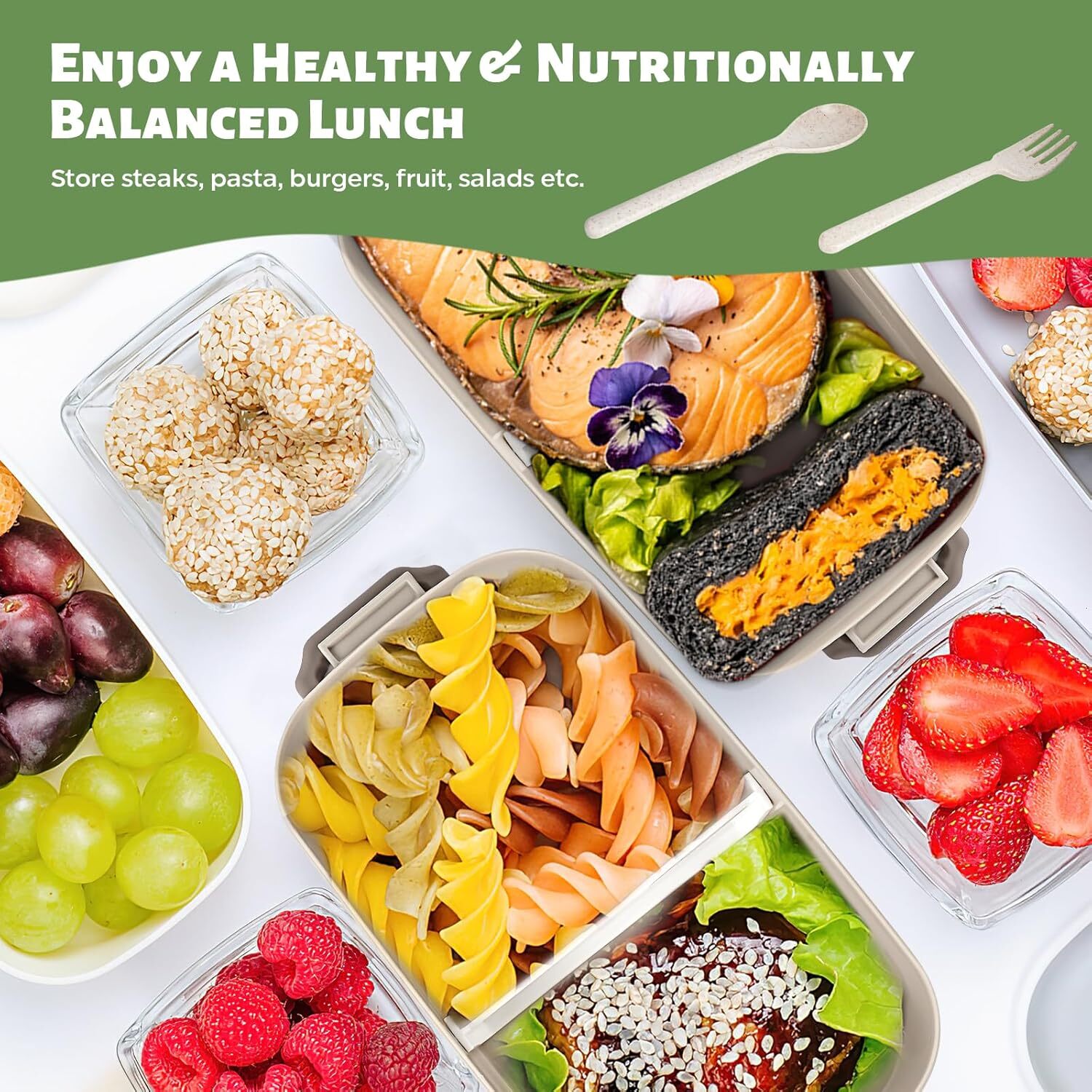 2700ml 3 Layer Bento Box with Fork & Spoon, 4-in-1 Lunch Box Food ...