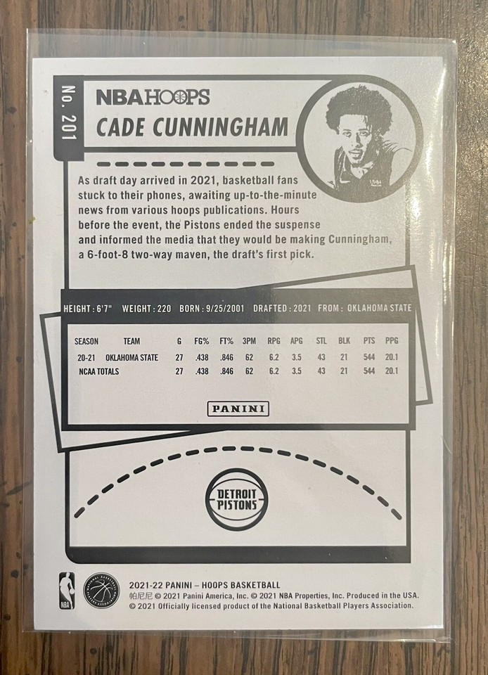 2021-22 Panini NBA Hoops Basketball #201 Cade Cunningham Rookie Card RC ...
