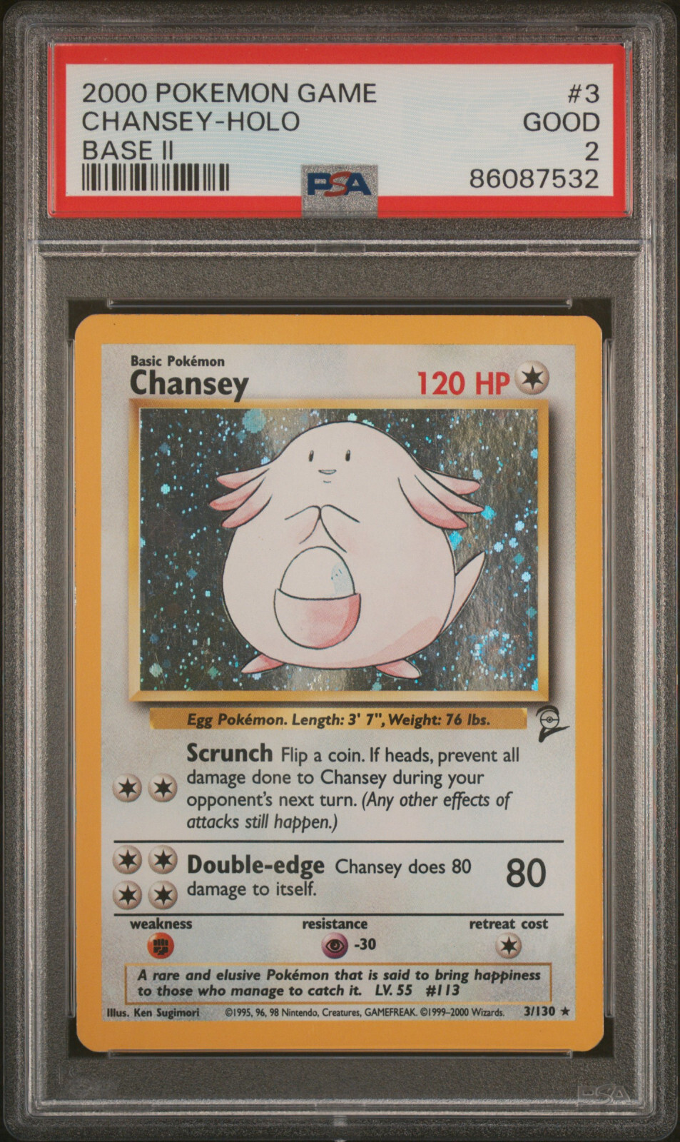 Pokemon PSA 2 Base 2/II Chansey Holographic 2/130 w/ full visible swirl ...