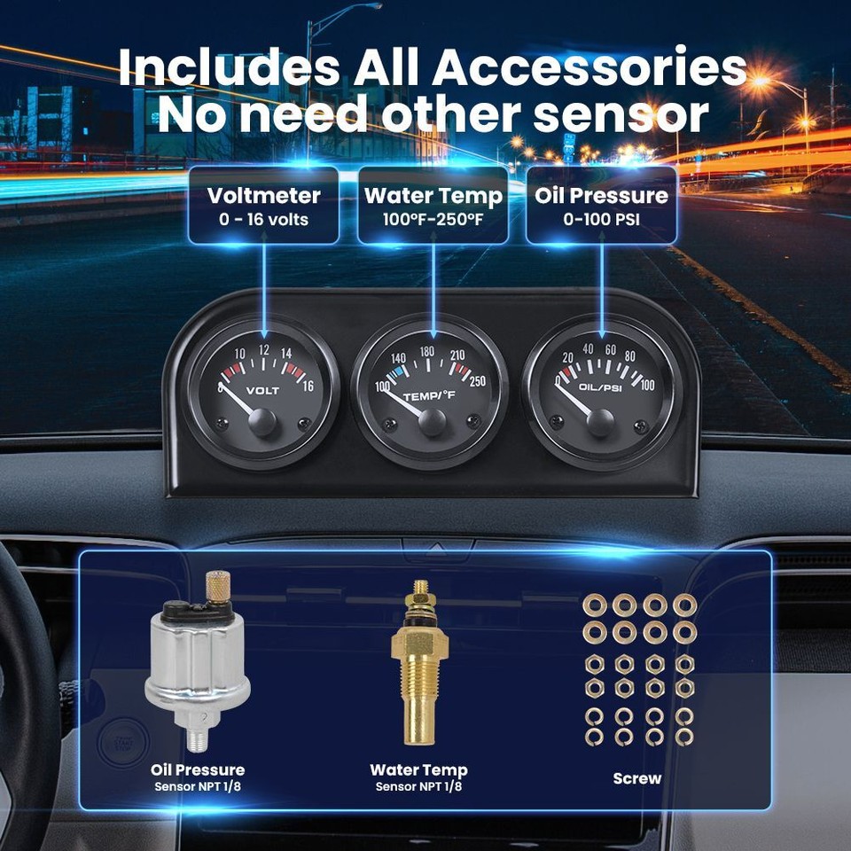 Universal 2" inch 52mm Oil Pressure Water Temp Volt Meter Triple Gauge ...