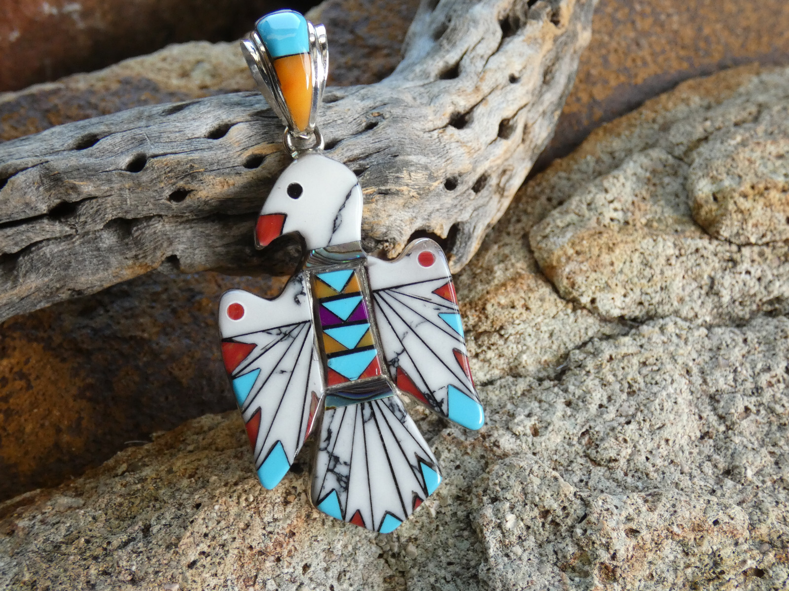 Thunderbird Handcrafted Micro Inlay Multi Gemstone Sterling Silver ...