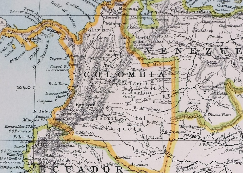 1894 Carte Sud Amérique Ouest ~ Brazil Équateur Colombie Venezuela ...