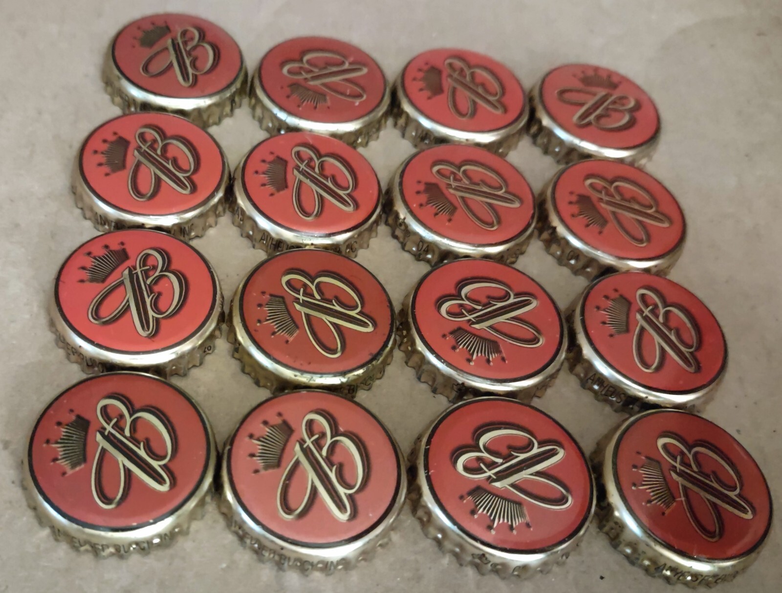 16 Retired RARE BUDWEISER Gold Cursive B Beer Bottle CROWNS Anheuser ...