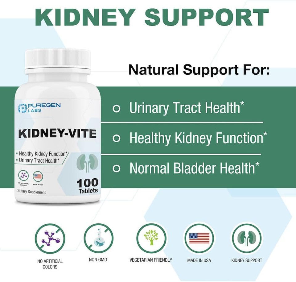 Puregen Labs Kidney-Vite | Premier Kidney, Renal Support 100 Tablets 1 ...