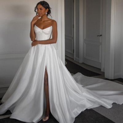 Satin Simple Strapless Wedding Dresses For Women Sleeveless Side Slit ...