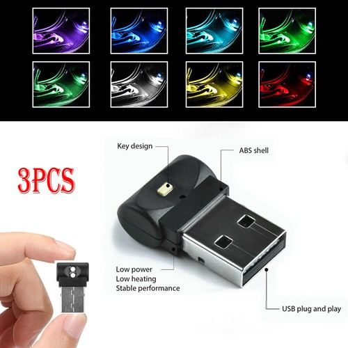 3x USB RGB LED Car Interior Lights Neon Atmosphere Ambient Lamp Bulb ...
