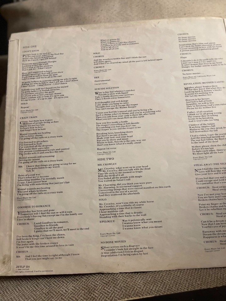 Fully Signed Blizzard of Ozz LP. Rare Randy Rhoads autograph with full ...