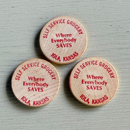 Lot of 3 Vintage Wooden Nickels Self Service Grocery Store Iola KS ...