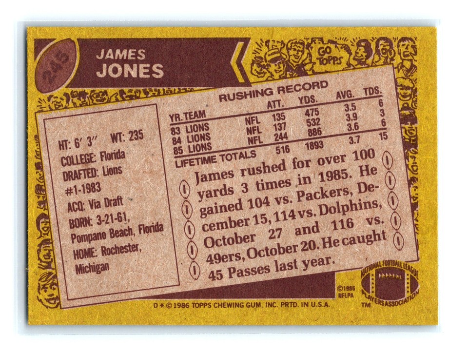 1986 Topps Football #245 James Jones Detroit Lions | eBay