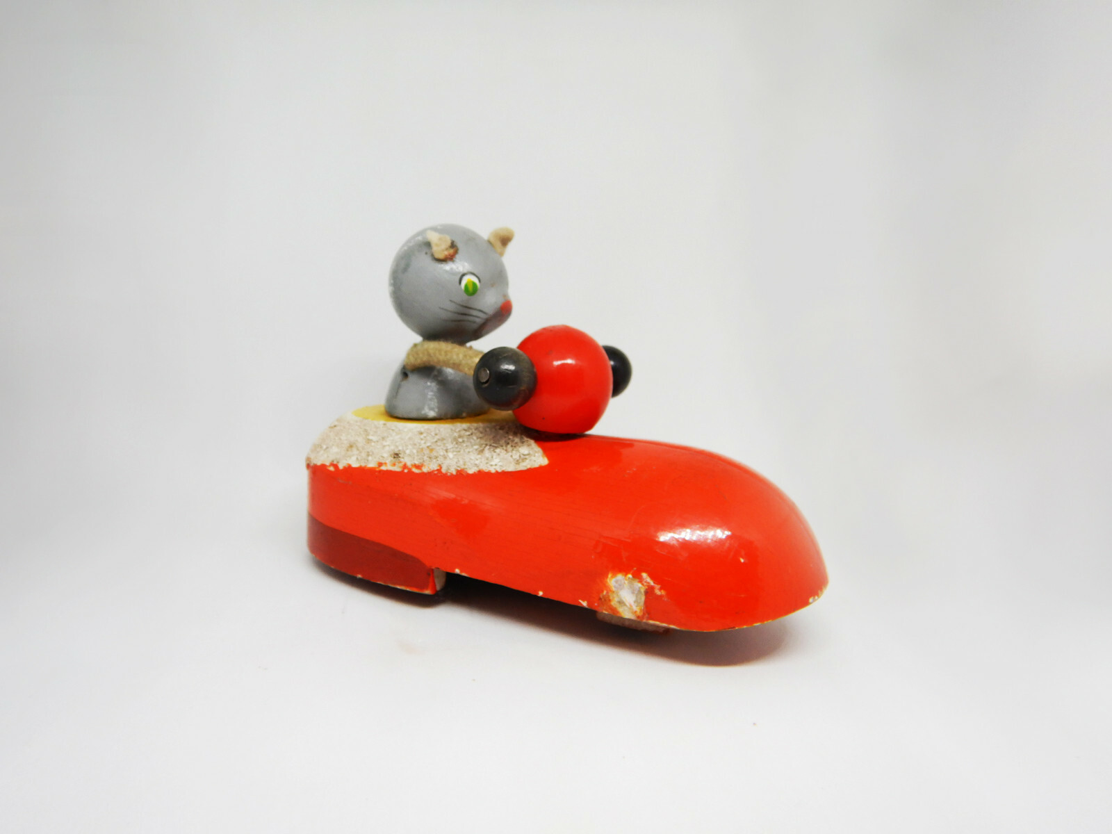 Vintage Wooden Mechanical Toy Cat Driving Shoe Metal Mechanism Working ...