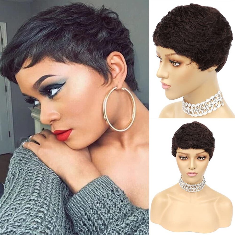 Black Short Pixie Cut Wigs None Lace Wigs Natural Indian 100% Human ...