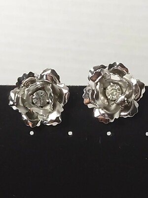 Bugbee and Niles Rose Flower Silver Tone Rhinestone Vintage Screw ...