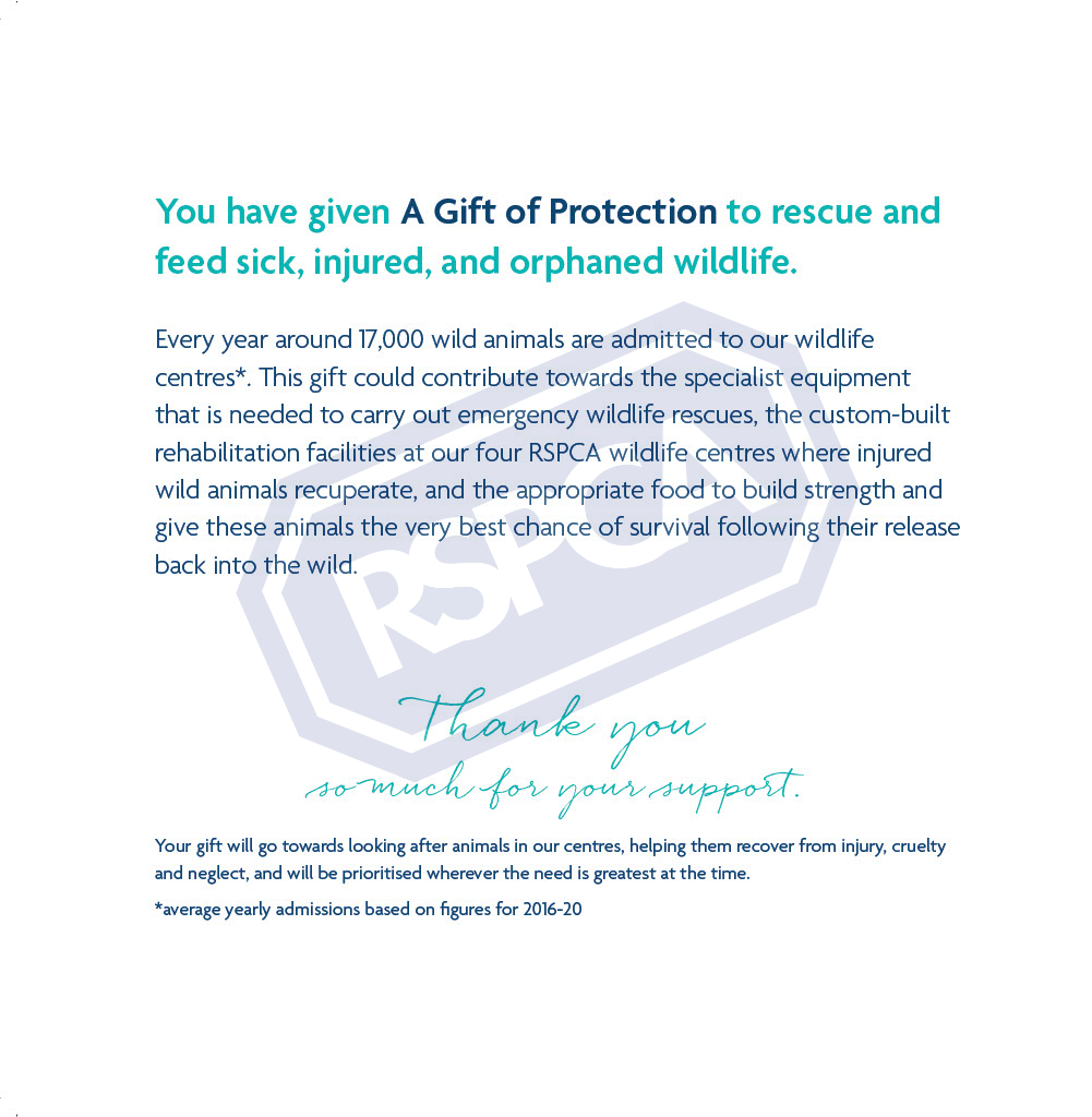 RSPCA Charity Gift Card - A Gift of Protection - Wildlife £50 Donation ...