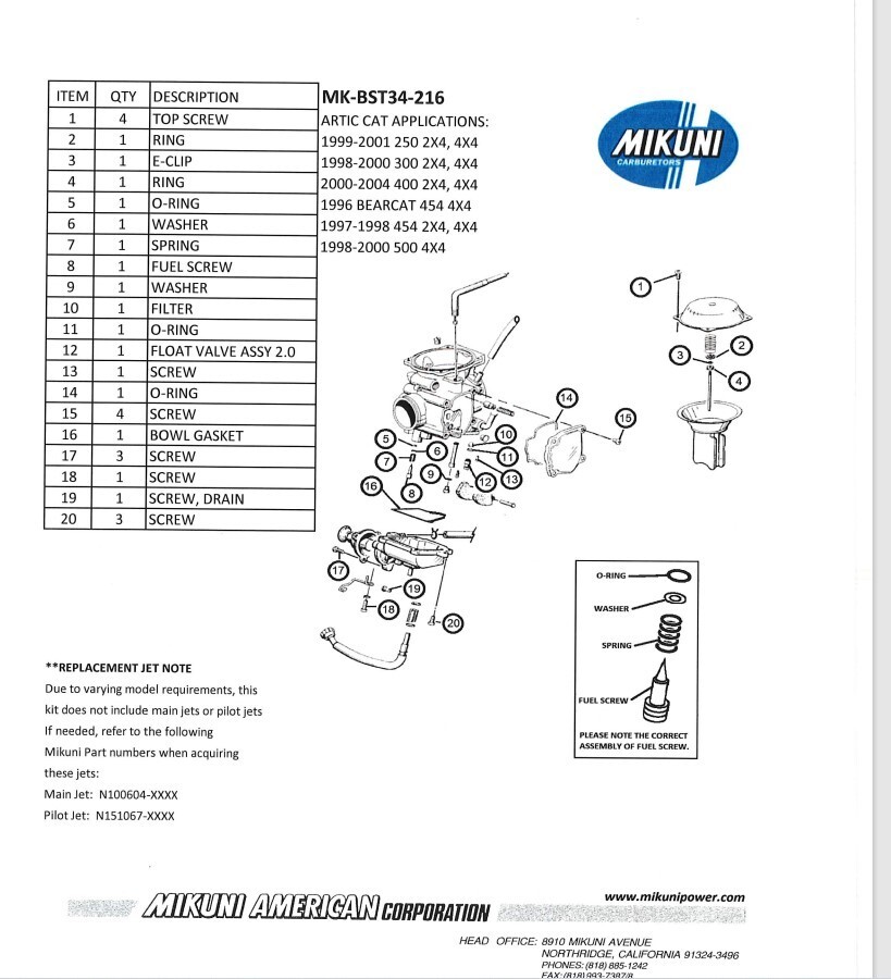 Arctic Cat 250-500 ATV Early Mikuni Carb Rebuild Kit MK-BST34-216 ...